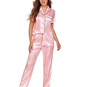 WDIRARA Women's Sleepwear Striped Satin Short Sleeve Shirt and Pants Pajama Set Pink S