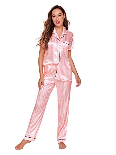 WDIRARA Women's Sleepwear Striped Satin Short Sleeve Shirt and Pants Pajama Set Pink S