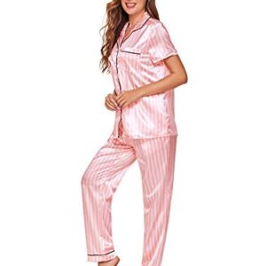 WDIRARA Women's Sleepwear Striped Satin Short Sleeve Shirt and Pants Pajama Set Pink S