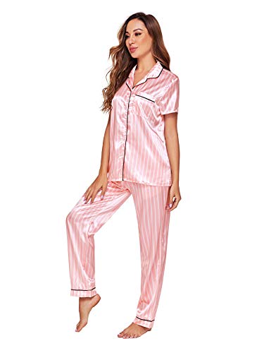 WDIRARA Women's Sleepwear Striped Satin Short Sleeve Shirt and Pants Pajama Set Pink S