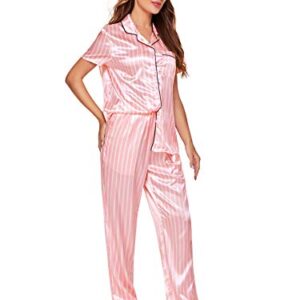 WDIRARA Women's Sleepwear Striped Satin Short Sleeve Shirt and Pants Pajama Set Pink S