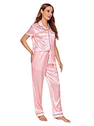 WDIRARA Women's Sleepwear Striped Satin Short Sleeve Shirt and Pants Pajama Set Pink S