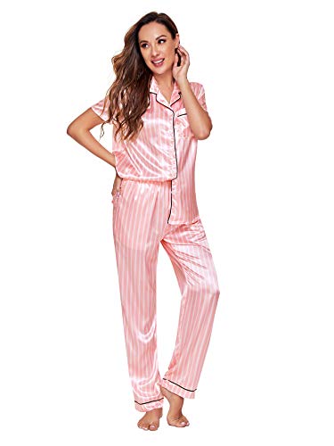 WDIRARA Women's Sleepwear Striped Satin Short Sleeve Shirt and Pants Pajama Set Pink S