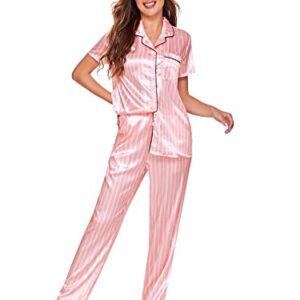 WDIRARA Women's Sleepwear Striped Satin Short Sleeve Shirt and Pants Pajama Set Pink S