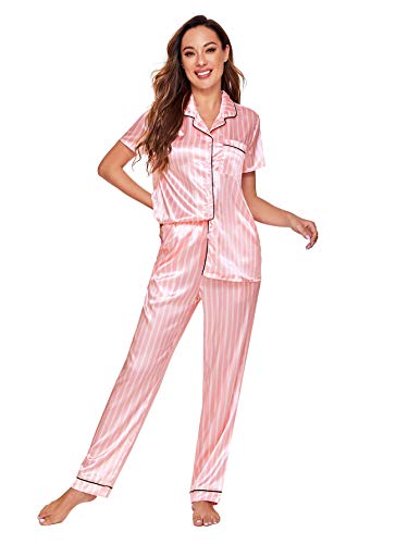 WDIRARA Women's Sleepwear Striped Satin Short Sleeve Shirt and Pants Pajama Set Pink S