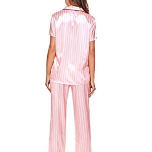 WDIRARA Women's Sleepwear Striped Satin Short Sleeve Shirt and Pants Pajama Set Pink S