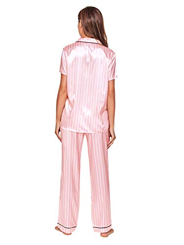 WDIRARA Women's Sleepwear Striped Satin Short Sleeve Shirt and Pants Pajama Set Pink S