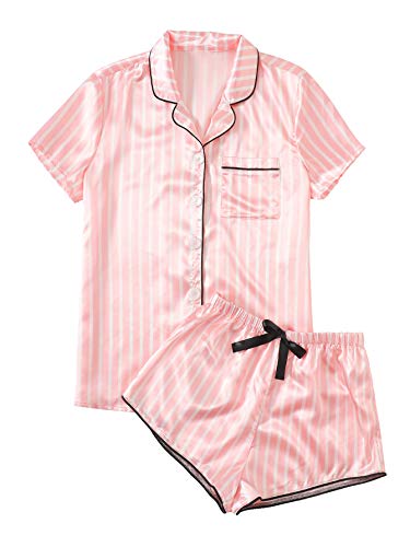 WDIRARA Women's Satin Sleepwear Short Sleeve Button Shirt and Shorts Pajama Set Silky PJ Striped Pink S