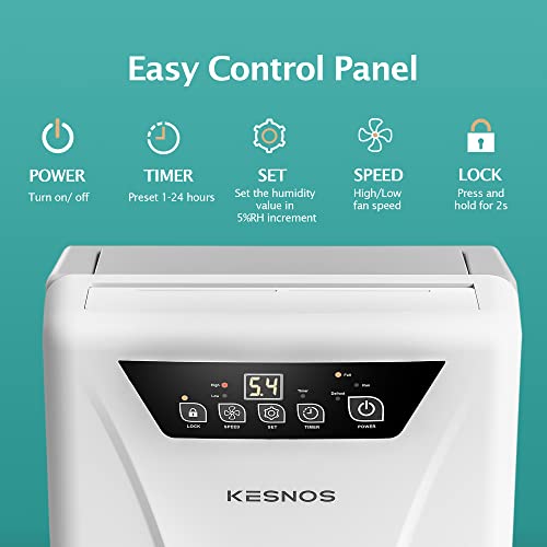 Kesnos 2500 Sq. Ft Large Dehumidifier for Home and Basement with 6.56ft Drain Hose and Front Water Tank, 24Hr Timer and Auto Defrost Ideal for Large and Medium Sized Rooms, Bedrooms, Laundry Rooms