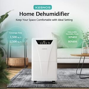 Kesnos 2500 Sq. Ft Large Dehumidifier for Home and Basement with 6.56ft Drain Hose and Front Water Tank, 24Hr Timer and Auto Defrost Ideal for Large and Medium Sized Rooms, Bedrooms, Laundry Rooms