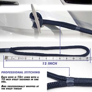 INNOCEDEAR 2 Pack Premium Navy Blue Dock Lines - 15' / 25'/35' with Eyelet.Double Braided Nylon Dock Line/Mooring Lines.Hi-Performance Marine Boats Ropes