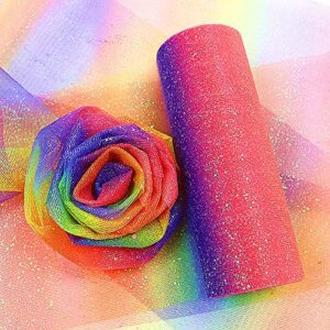 yuanchuan rainbow glitter tulle rolls 6 inch x 10 yards (30 feet) for table runner chair sash bow pet tutu skirt sewing crafting fabric wedding birthday ribbon (rainbow red)