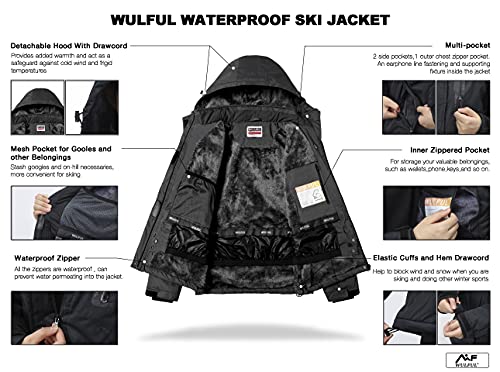 WULFUL Women’s Waterproof Snow Ski Jacket Mountain Windproof Winter Coat with detachable hood