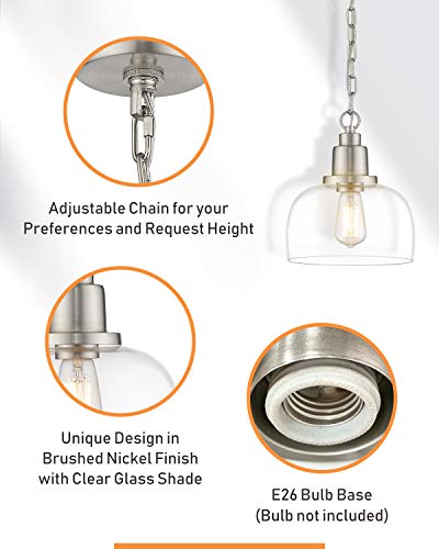 EAPUDUN Modern Farmhouse Pendant Light, 1-Light Industrial Hanging Light Fixture 9.3-inch, Brushed Nickel Finish with Clear Glass Shade, PDA1127-BNK