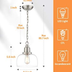 EAPUDUN Modern Farmhouse Pendant Light, 1-Light Industrial Hanging Light Fixture 9.3-inch, Brushed Nickel Finish with Clear Glass Shade, PDA1127-BNK