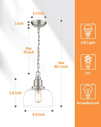 EAPUDUN Modern Farmhouse Pendant Light, 1-Light Industrial Hanging Light Fixture 9.3-inch, Brushed Nickel Finish with Clear Glass Shade, PDA1127-BNK