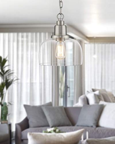 EAPUDUN Modern Farmhouse Pendant Light, 1-Light Industrial Hanging Light Fixture 9.3-inch, Brushed Nickel Finish with Clear Glass Shade, PDA1127-BNK