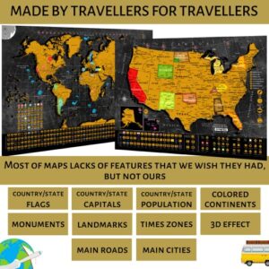 Scratch Off World Map Poster - 17x24 inches - Bonus United States Map. Detailed outlined States, flags/capitals/populations/landmarks/monuments/time zones; full Accessories Set & Name-tag Gift Box