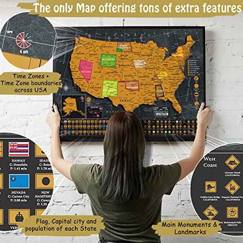 Scratch Off World Map Poster - 17x24 inches - Bonus United States Map. Detailed outlined States, flags/capitals/populations/landmarks/monuments/time zones; full Accessories Set & Name-tag Gift Box