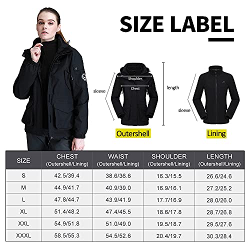 CAMEL CROWN Womens Waterproof Ski Jacket 3-in-1 Windbreaker Winter Coat Fleece Inner for Rain Snow Hiking Outdoor Black