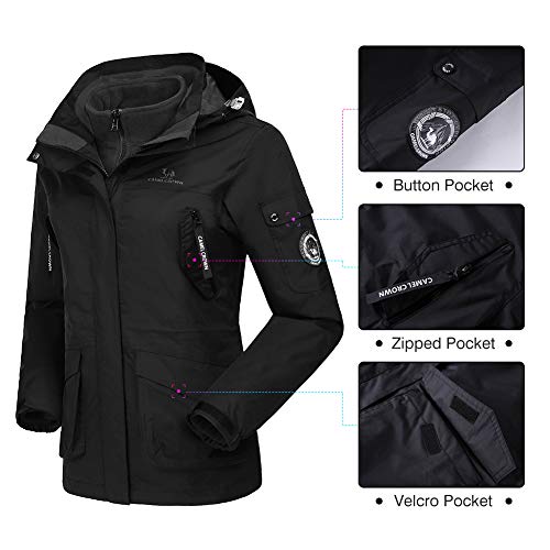 CAMEL CROWN Womens Waterproof Ski Jacket 3-in-1 Windbreaker Winter Coat Fleece Inner for Rain Snow Hiking Outdoor Black