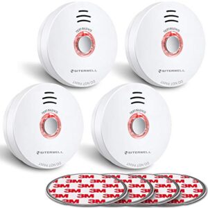 siterwell smoke detector, 10-year fire alarm smoke detector with built-in 3v battery and photoelectric technology, fire detector with low battery warning and silence function, ul217, gs508c, 4 packs