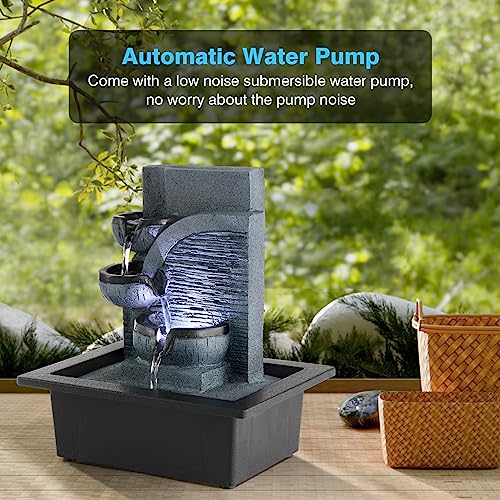 IRONWALLS 3-Tier Desktop Water Fountain Indoor, 11” Relaxation Tabletop Waterfall Fountain with LED Light, Zen Meditation Desk Fountain for Home, Living Room, Bedroom, Office Feng Shui Decor