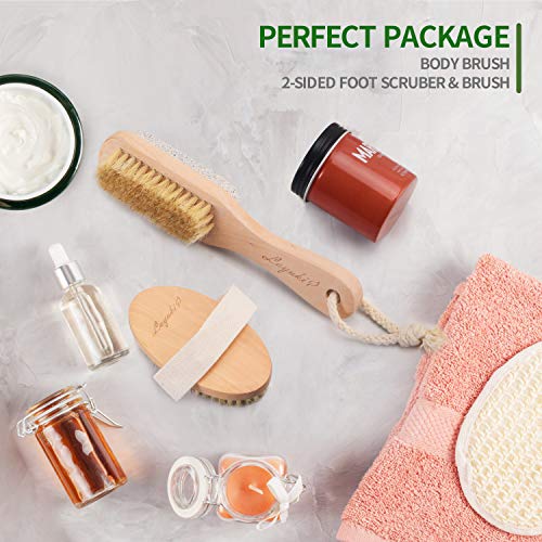 LAYUKI Body Brush for Dry or Wet Brushing and 2-Sided Foot File Scrubber Set, Body Scrubber for Bath or Shower, Exfoliating Skin, Cellulite Treatment, Foot File Scrubber with Pumice Stone