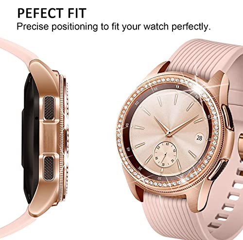 DEALELE Cases Compatible with Samsung Gear Sport/Galaxy Watch 42mm / Galaxy Watch 4 Classic 42mm, Bling Rhinestone Diamond Metal Steel Bezel Ring Cover Replacement for Women Men (Rose Gold)