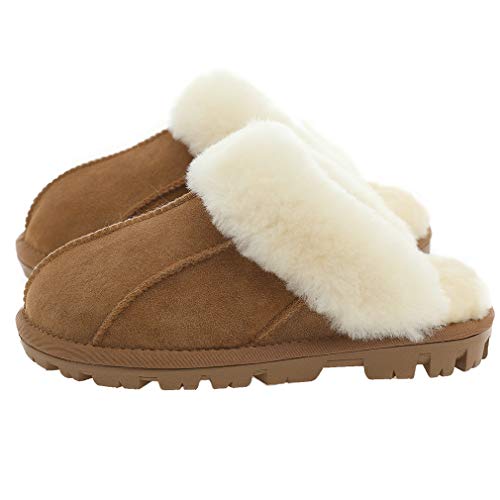 Kathyland Unisex Sheepskin Wool Fur Leather Women's Slippers hanada Slide(11-12 M US, Chestnut)