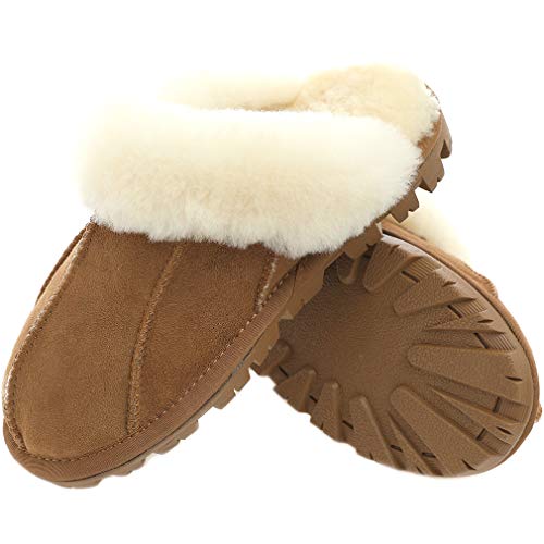 Kathyland Unisex Sheepskin Wool Fur Leather Women's Slippers hanada Slide(11-12 M US, Chestnut)