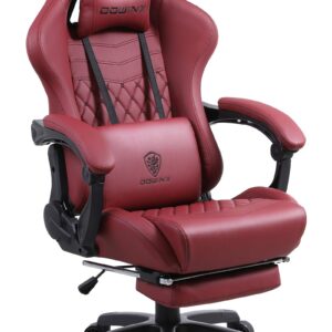 Dowinx Gaming Chair Office Desk Chair with Massage Lumbar Support, Vintage Style Armchair PU Leather E-Sports Gamer Chairs with Retractable Footrest (Red)