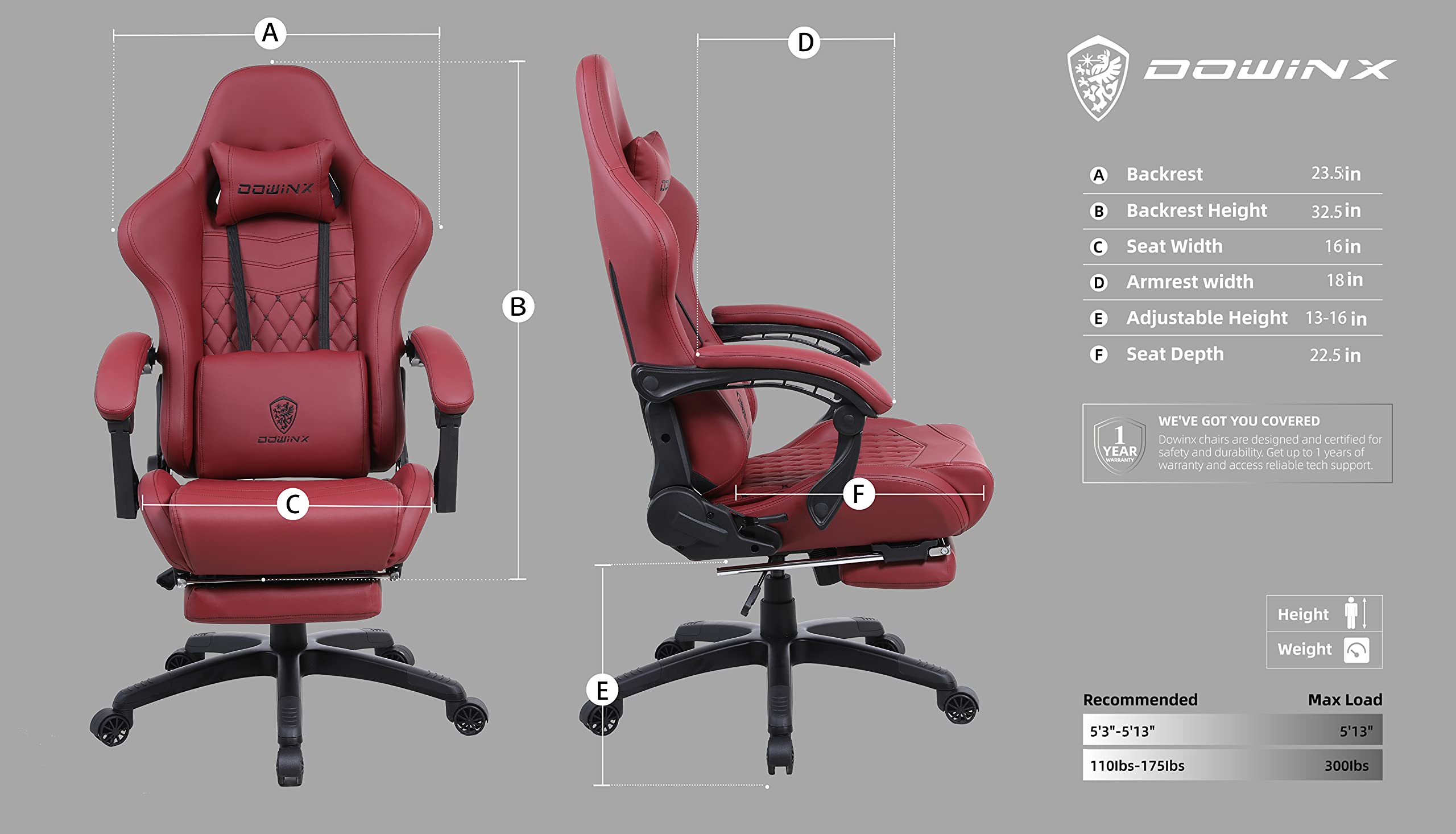 Dowinx Gaming Chair Office Desk Chair with Massage Lumbar Support, Vintage Style Armchair PU Leather E-Sports Gamer Chairs with Retractable Footrest (Red)