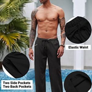 COOFANDY Men's Linen Casual Pants Summer Spring Beach Jog Elastic Waist Trousers A- Black