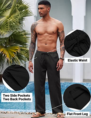 COOFANDY Men's Linen Casual Pants Summer Spring Beach Jog Elastic Waist Trousers A- Black