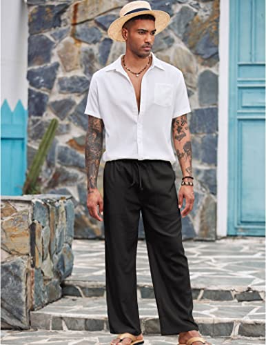 COOFANDY Men's Linen Casual Pants Summer Spring Beach Jog Elastic Waist Trousers A- Black