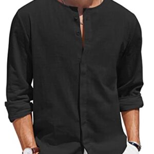 COOFANDY Men Fashion Banded Collar Linen Shirts Button-up Yoga Shirts(Black, Large)