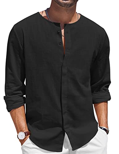 COOFANDY Men Fashion Banded Collar Linen Shirts Button-up Yoga Shirts(Black, Large)