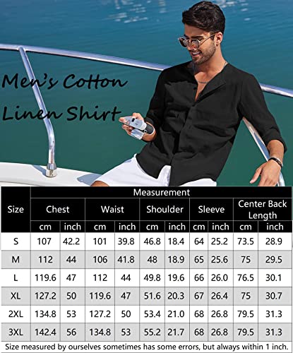 COOFANDY Men Fashion Banded Collar Linen Shirts Button-up Yoga Shirts(Black, Large)