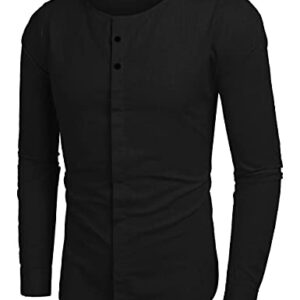 COOFANDY Men Fashion Banded Collar Linen Shirts Button-up Yoga Shirts(Black, Large)