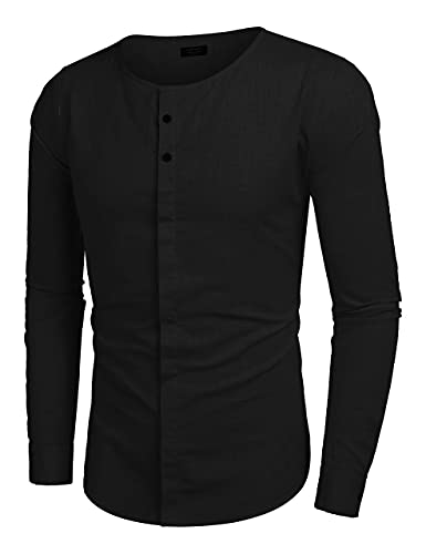 COOFANDY Men Fashion Banded Collar Linen Shirts Button-up Yoga Shirts(Black, Large)