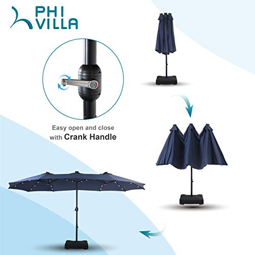 PHI VILLA 15ft Large Patio Umbrella with Solar Lights, Double-Sided Outdoor Market Rectangle Umbrellas with 36 LED Lights, Umbrella Base (Stand) Included, Navy Blue