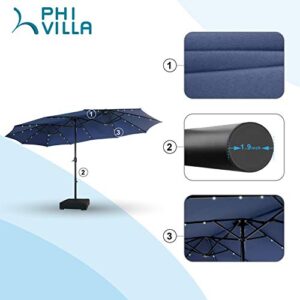 PHI VILLA 15ft Large Patio Umbrella with Solar Lights, Double-Sided Outdoor Market Rectangle Umbrellas with 36 LED Lights, Umbrella Base (Stand) Included, Navy Blue