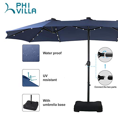 PHI VILLA 15ft Large Patio Umbrella with Solar Lights, Double-Sided Outdoor Market Rectangle Umbrellas with 36 LED Lights, Umbrella Base (Stand) Included, Navy Blue