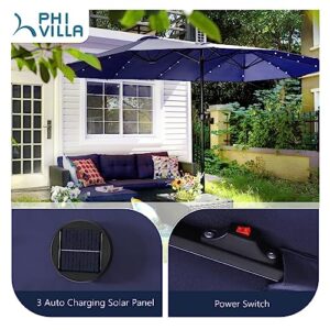 PHI VILLA 15ft Large Patio Umbrella with Solar Lights, Double-Sided Outdoor Market Rectangle Umbrellas with 36 LED Lights, Umbrella Base (Stand) Included, Navy Blue