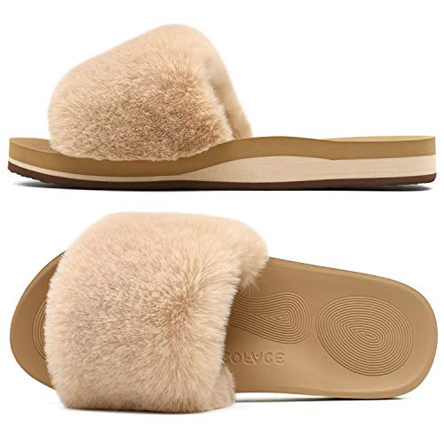 COFACE Womens Sliders Plush House Slippers Flat Sandals For Women Memory Foam Fuzzy Open Toe Slippers With Arch Support Anti Skid Ladies Slip On Fur Slide House Shoes Mules Indoor Outdoor