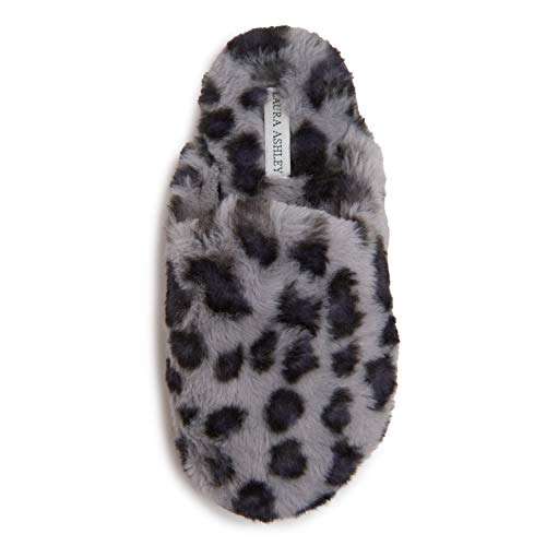 Laura Ashley Scuff Slippers, Plush Animal Print Slip-Ons for Women with Memory Foam Insole, Grey, Large