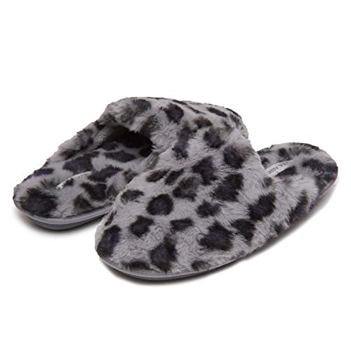 Laura Ashley Scuff Slippers, Plush Animal Print Slip-Ons for Women with Memory Foam Insole, Grey, Large