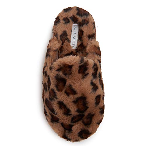 Laura Ashley Scuff Slippers, Plush Animal Print Slip-Ons for Women with Memory Foam Insole, Brown, Medium