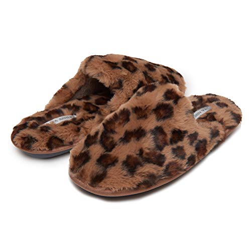 Laura Ashley Scuff Slippers, Plush Animal Print Slip-Ons for Women with Memory Foam Insole, Brown, Medium